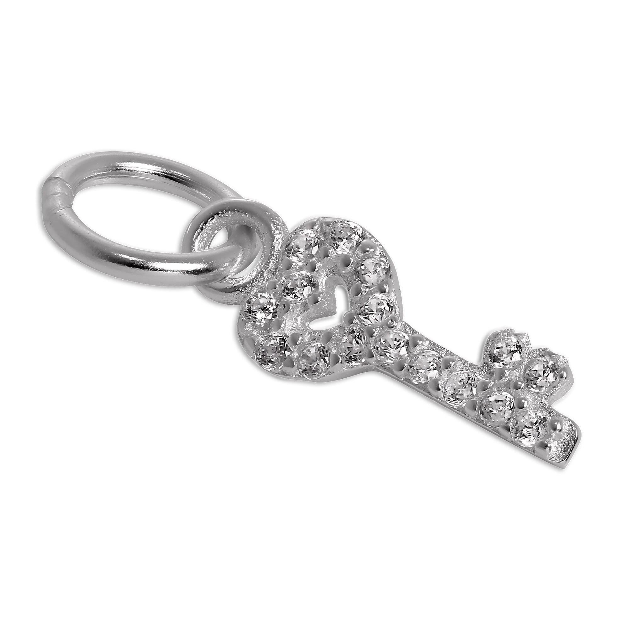 Sterling Silver & CZ Crystal Encrusted Heart Key Charm | TheCharmWorks